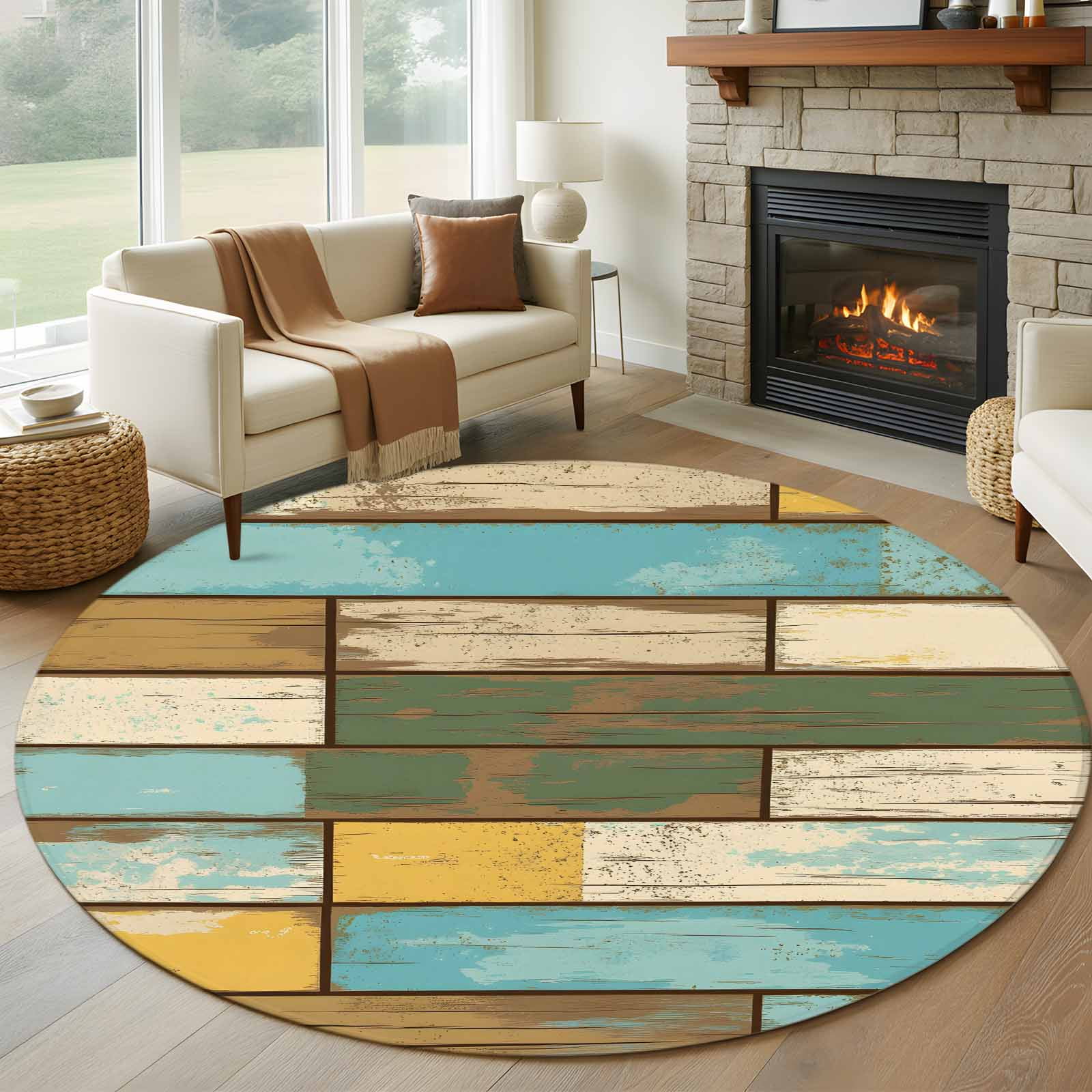 6ft Round Rug, Brown Blue Vintage Non-Skid Rubber Backing Large Area ...