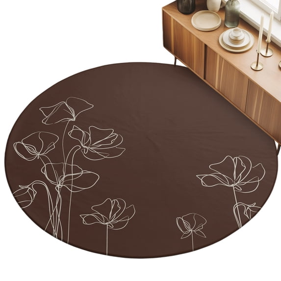 6ft Round Rug Brown Flowers Area Rugs for Living Room Bedroom Washable ...