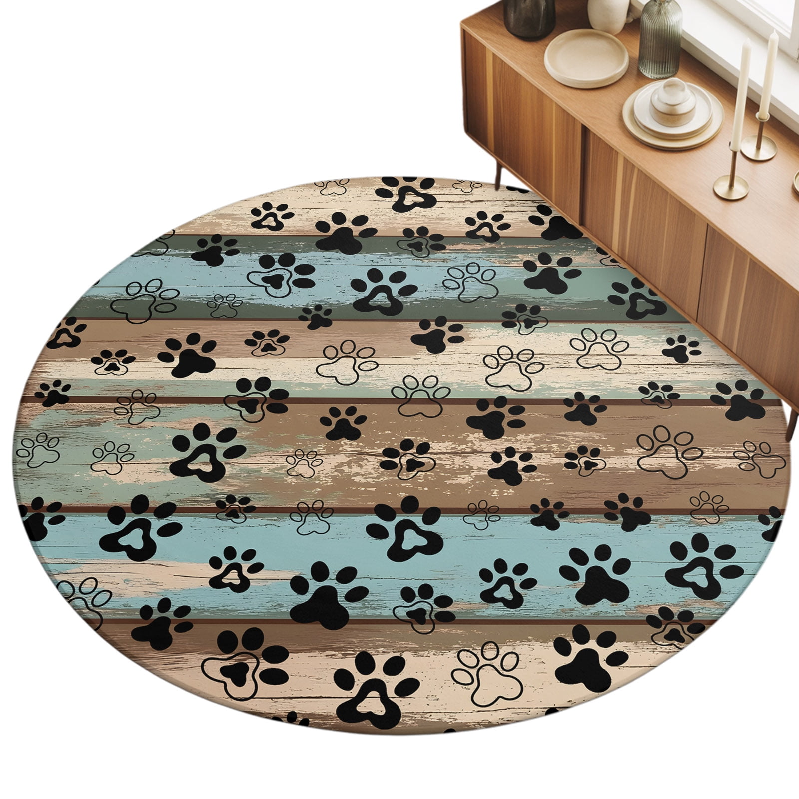 6ft Round Rug Brown Green Paw Print Area Rugs for Living Room Bedroom ...