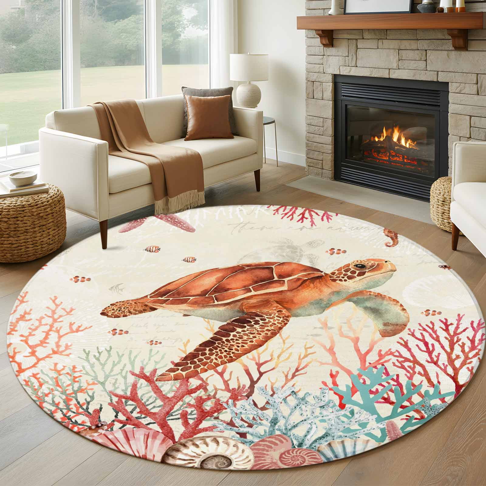 6ft Round Rug, Brown Turtle Coastal Non-Skid Rubber Backing Large Area ...