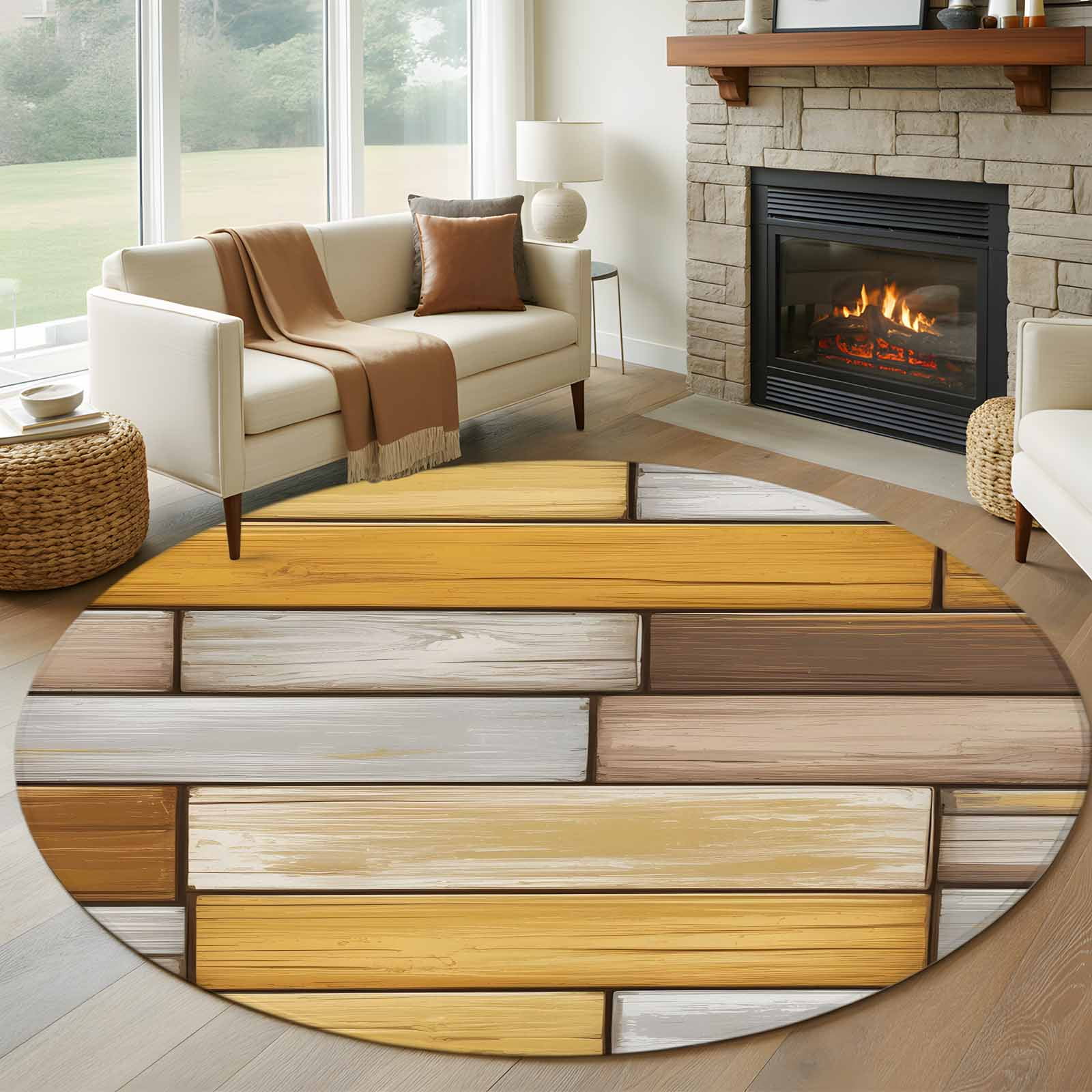 6ft Round Rug, Brown Yellow Vintage Non-Skid Rubber Backing Large Area ...