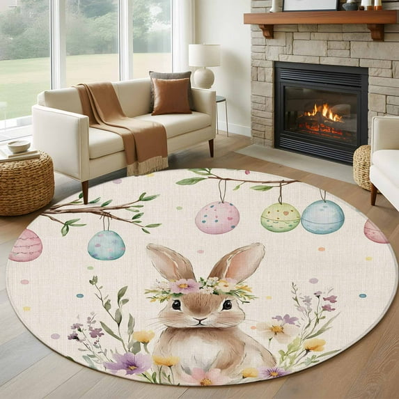 6ft Round Rug, Bunny Easter Non-Skid Rubber Backing Large Area Rugs ...