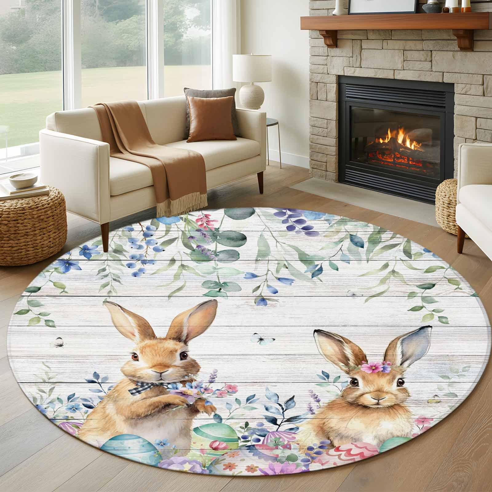 6ft Round Rug, Bunny Easter Non-Skid Rubber Backing Large Area Rugs ...