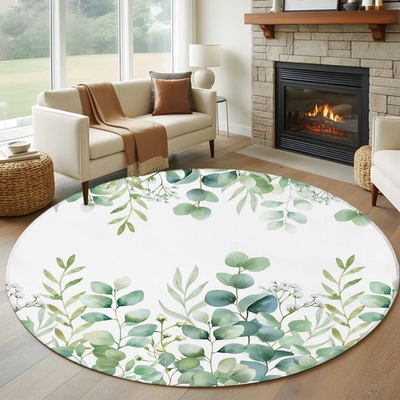 6ft Round Rug, Green Eucalyptus Leaves Non-Skid Rubber Backing Large ...