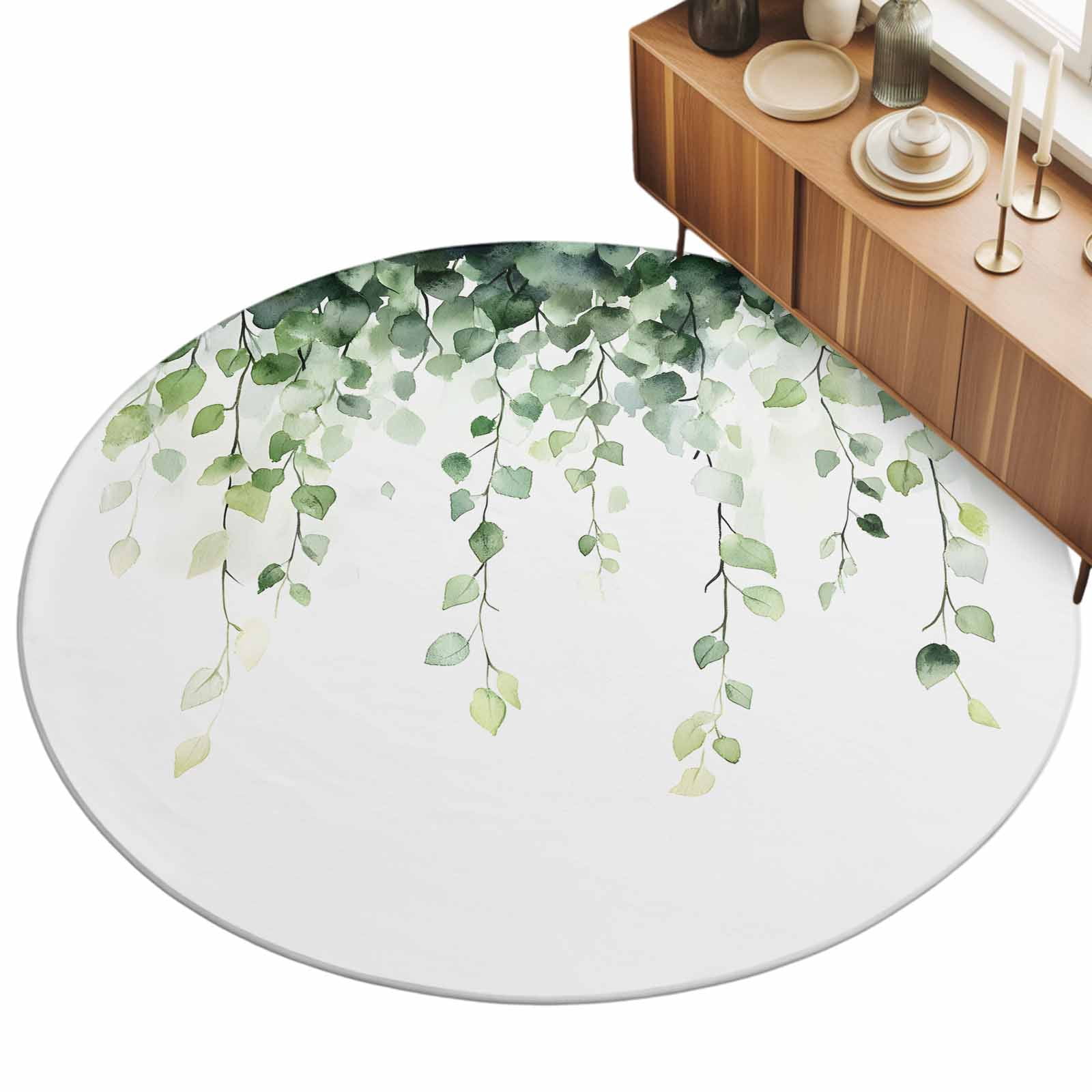 6ft Round Rug Green Leaves Area Rugs for Living Room Bedroom Washable ...