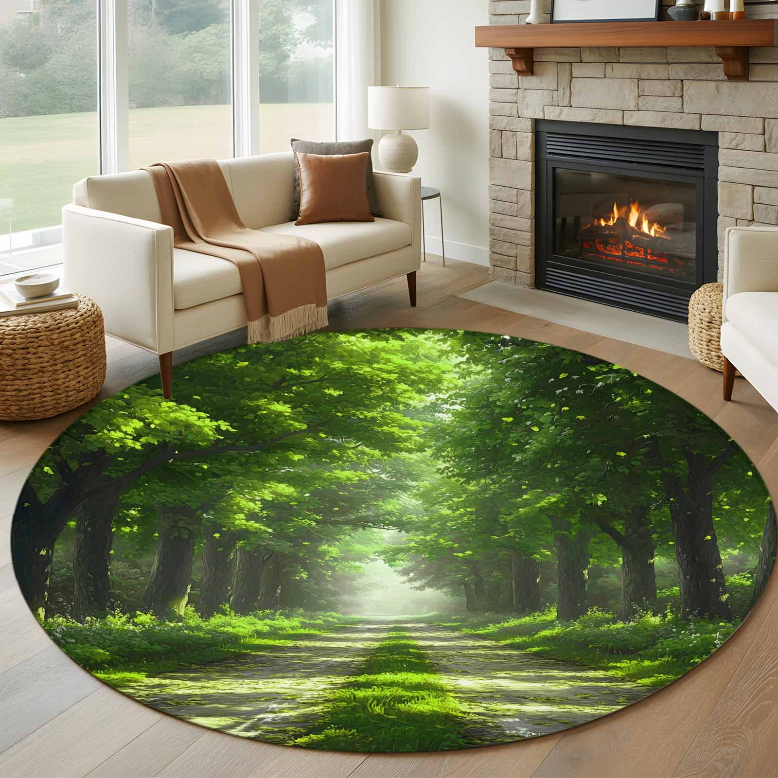 6ft Round Rug, Green Trees Non-Skid Rubber Backing Large Area Rugs ...