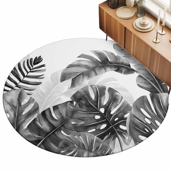 6ft Round Rug Grey Black Leaves Area Rugs for Living Room Bedroom ...