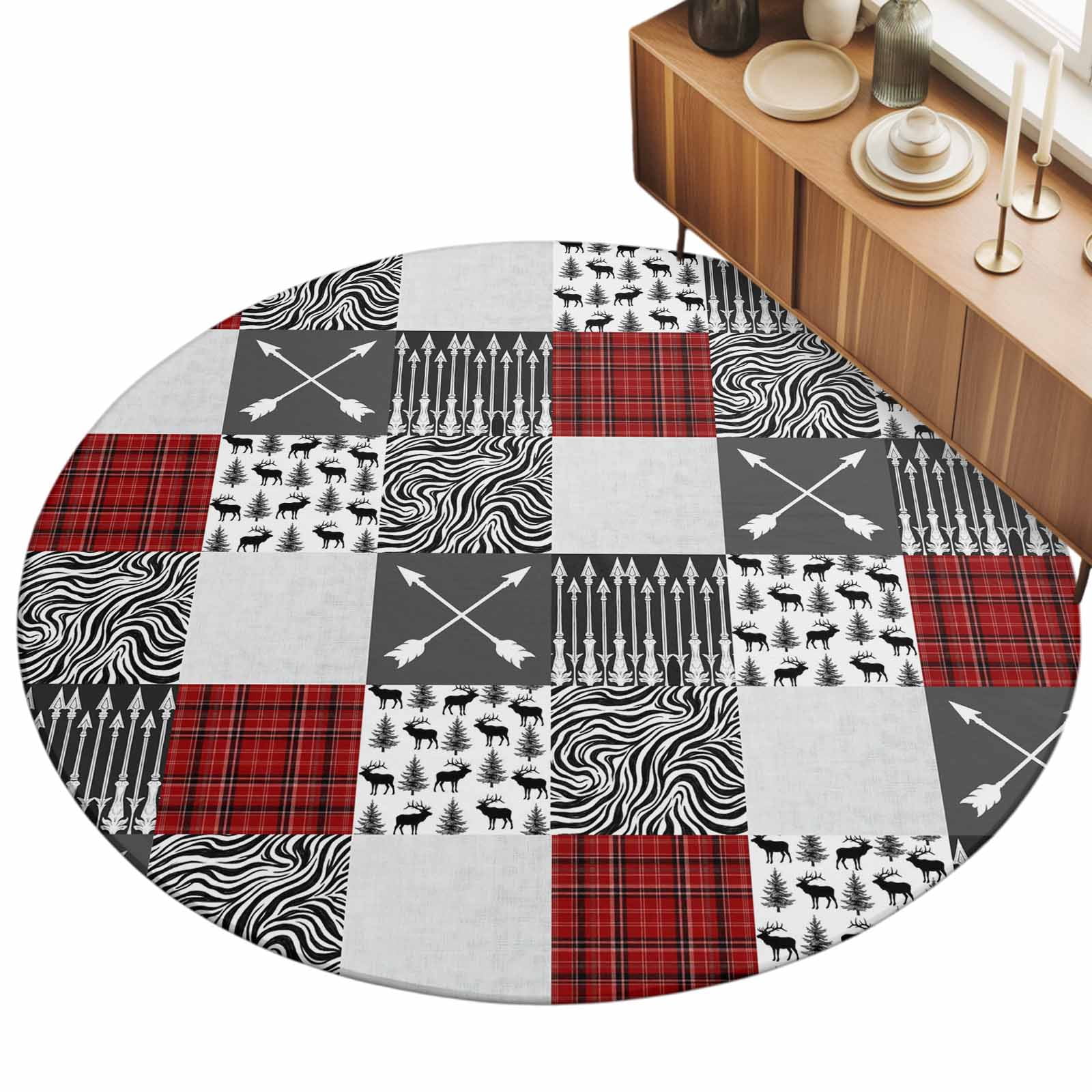 6ft Round Rug Grey Red Checkered Area Rugs for Living Room Bedroom ...