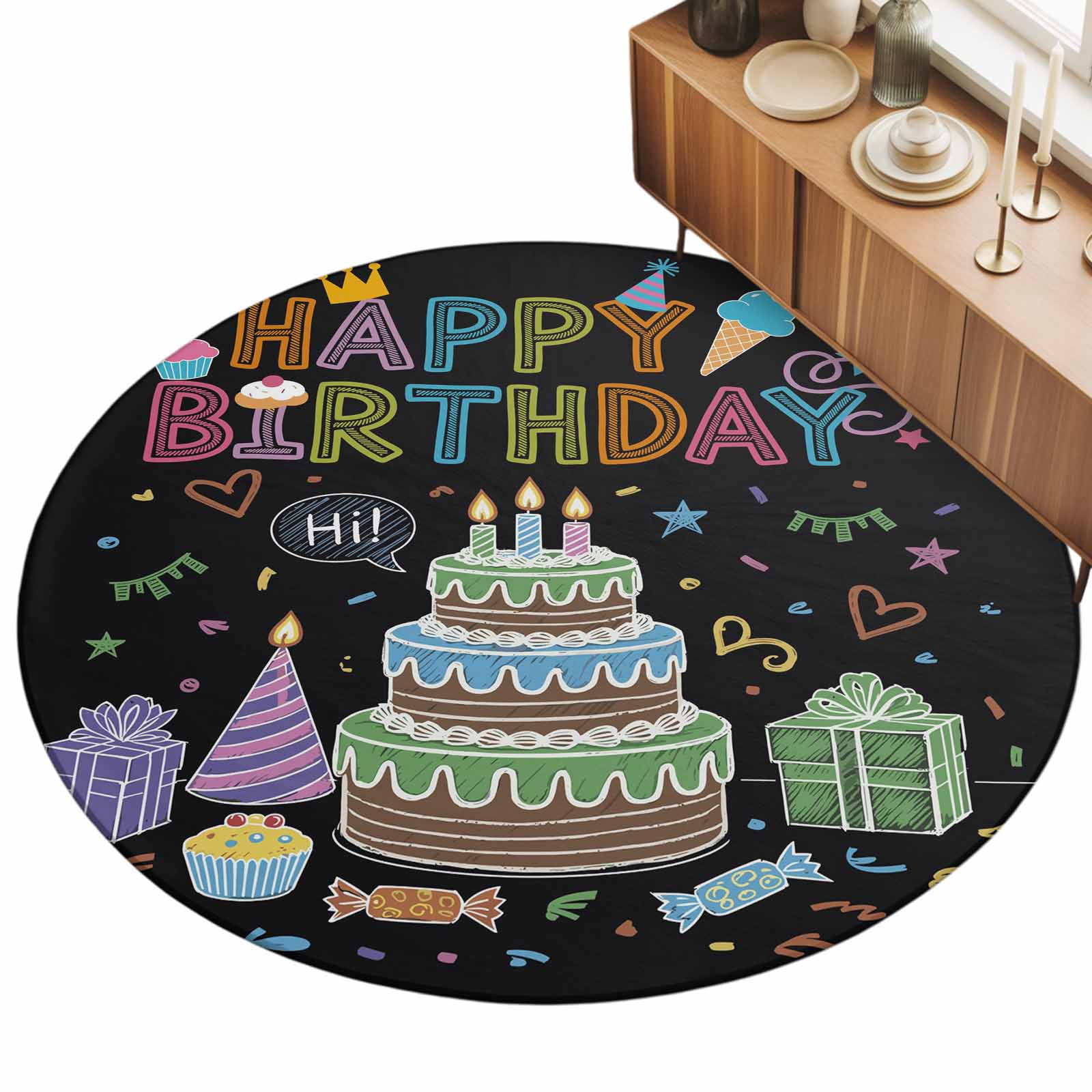 6ft Round Rug HAPPY BIRTHDAY Area Rugs for Living Room Bedroom Washable ...