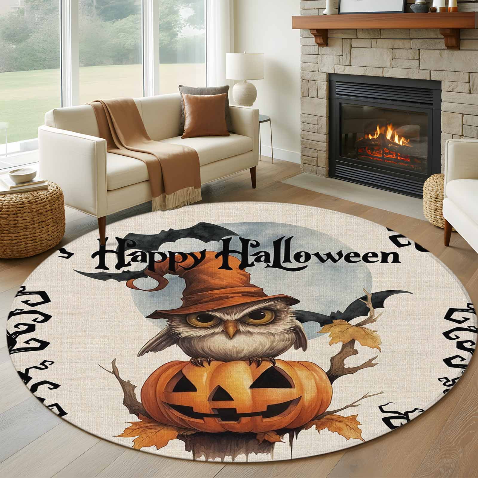 6ft Round Rug, Happy Halloween Non-Skid Rubber Backing Large Area Rugs ...