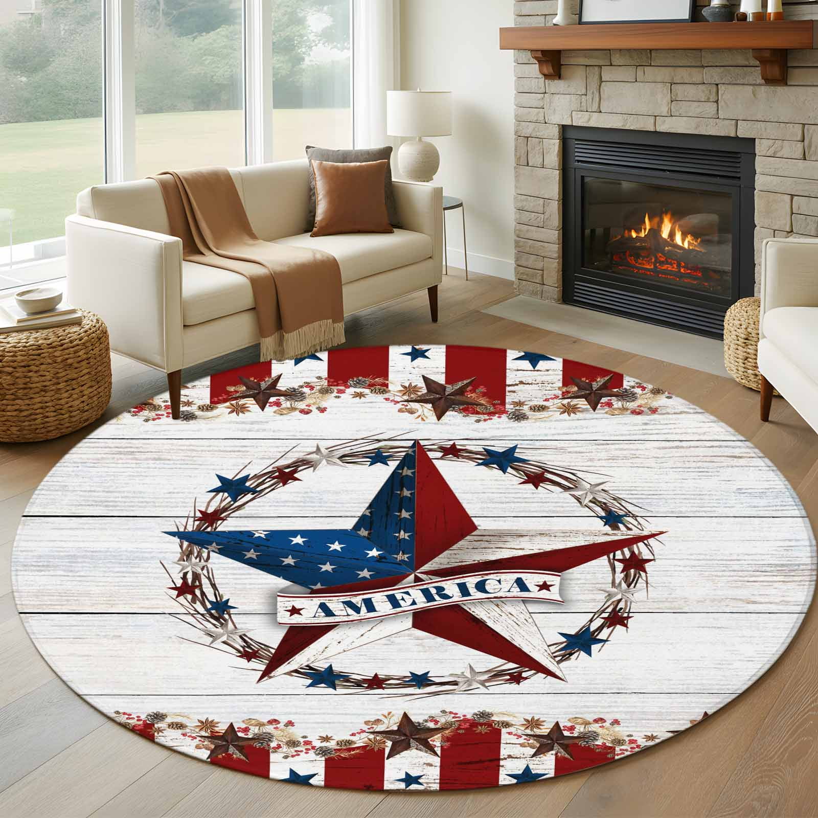 6ft Round Rug, Independence Day Non-Skid Rubber Backing Large Area Rugs ...