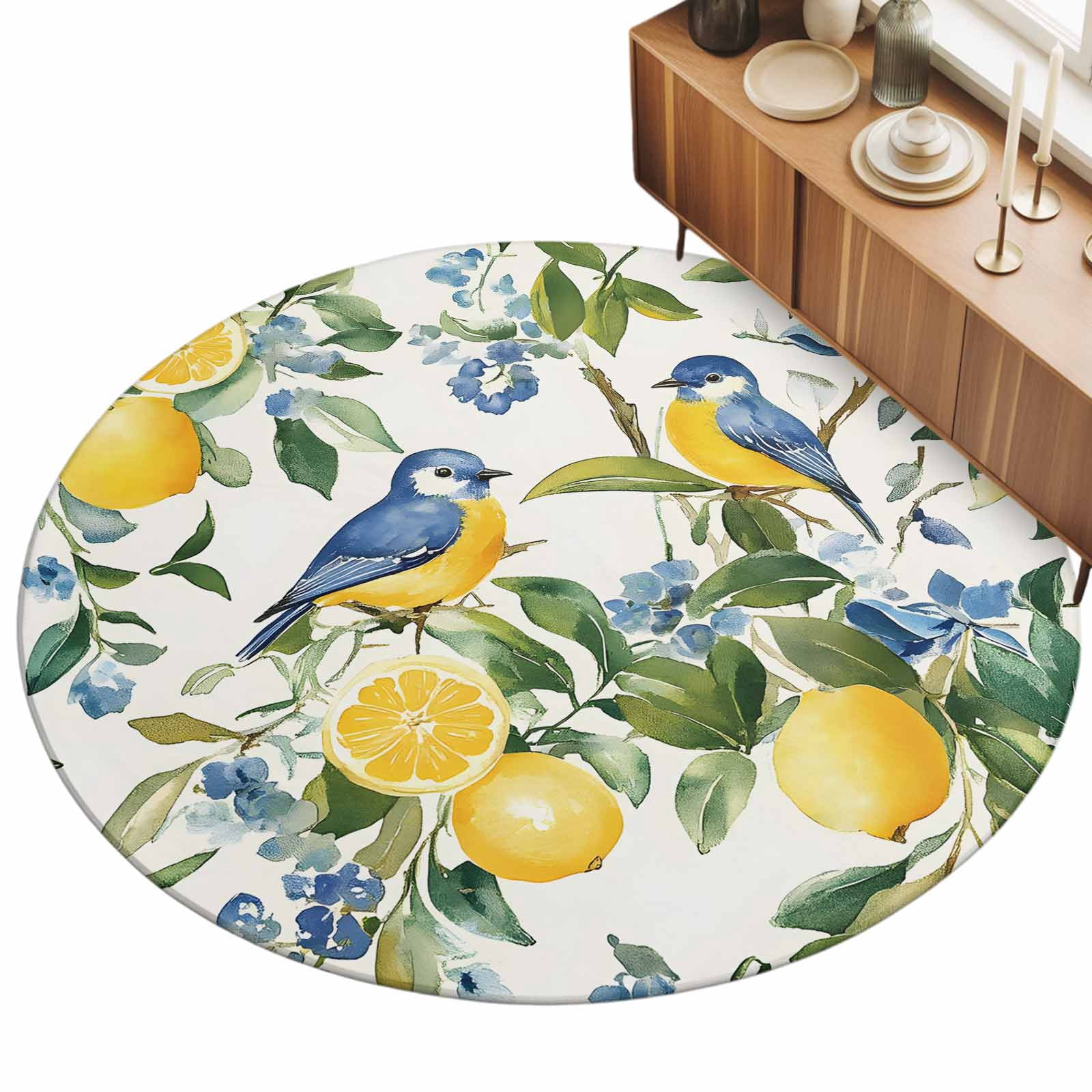 6ft Round Rug Lemon Bird Area Rugs for Living Room Bedroom Washable Non ...