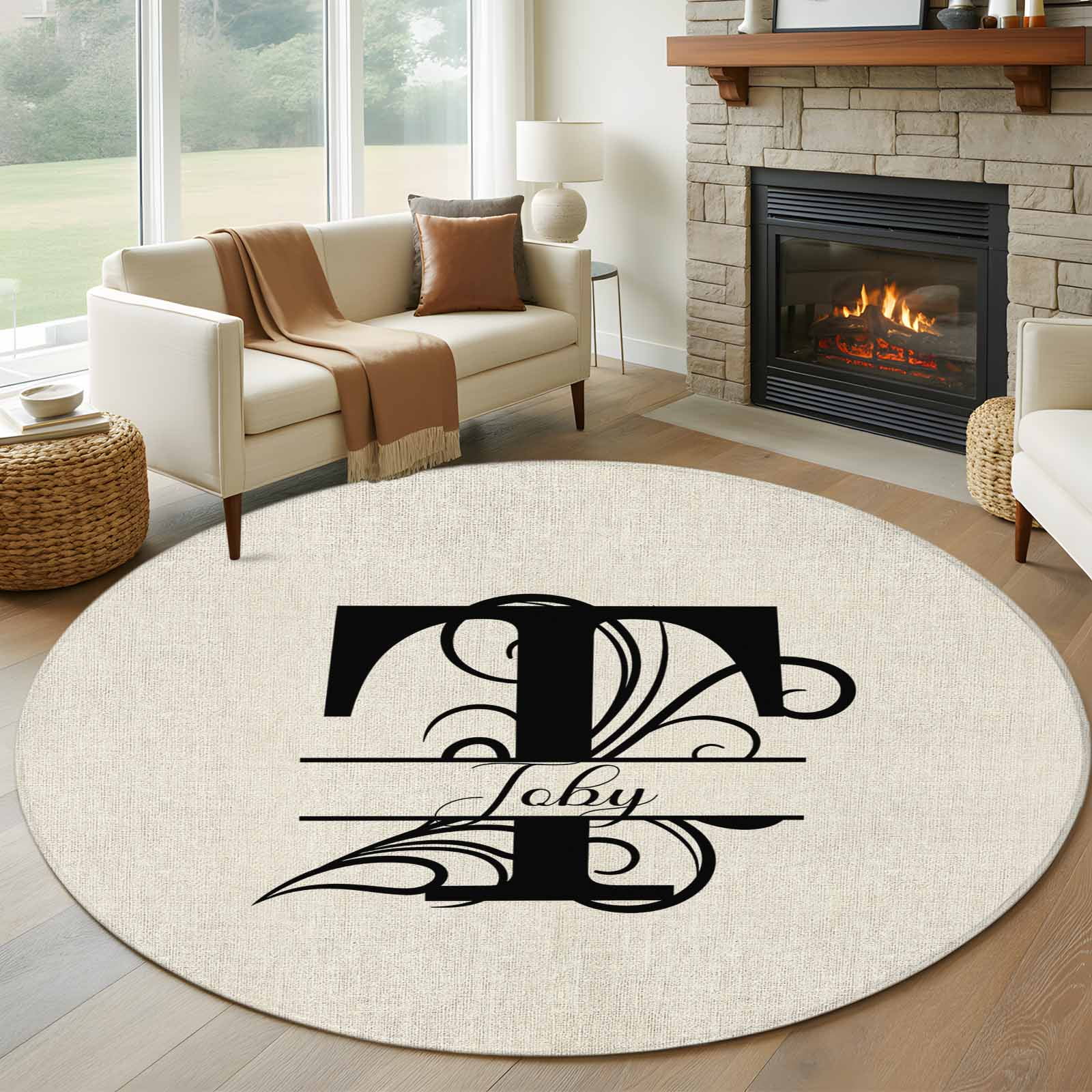 6ft Round Rug, Letter T Non-Skid Rubber Backing Large Area Rugs ...