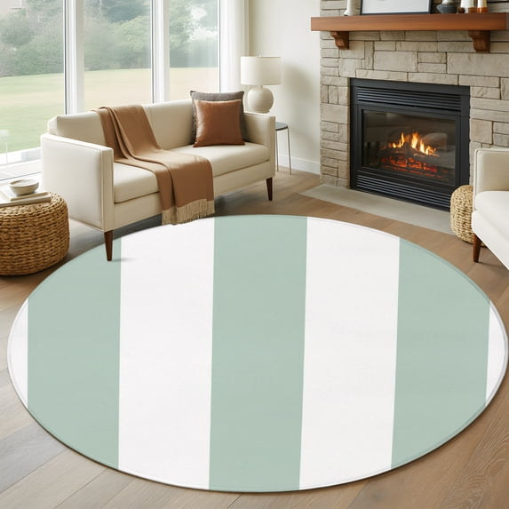 6ft Round Rug, Light Green Striped Non-Skid Rubber Backing Large Area ...