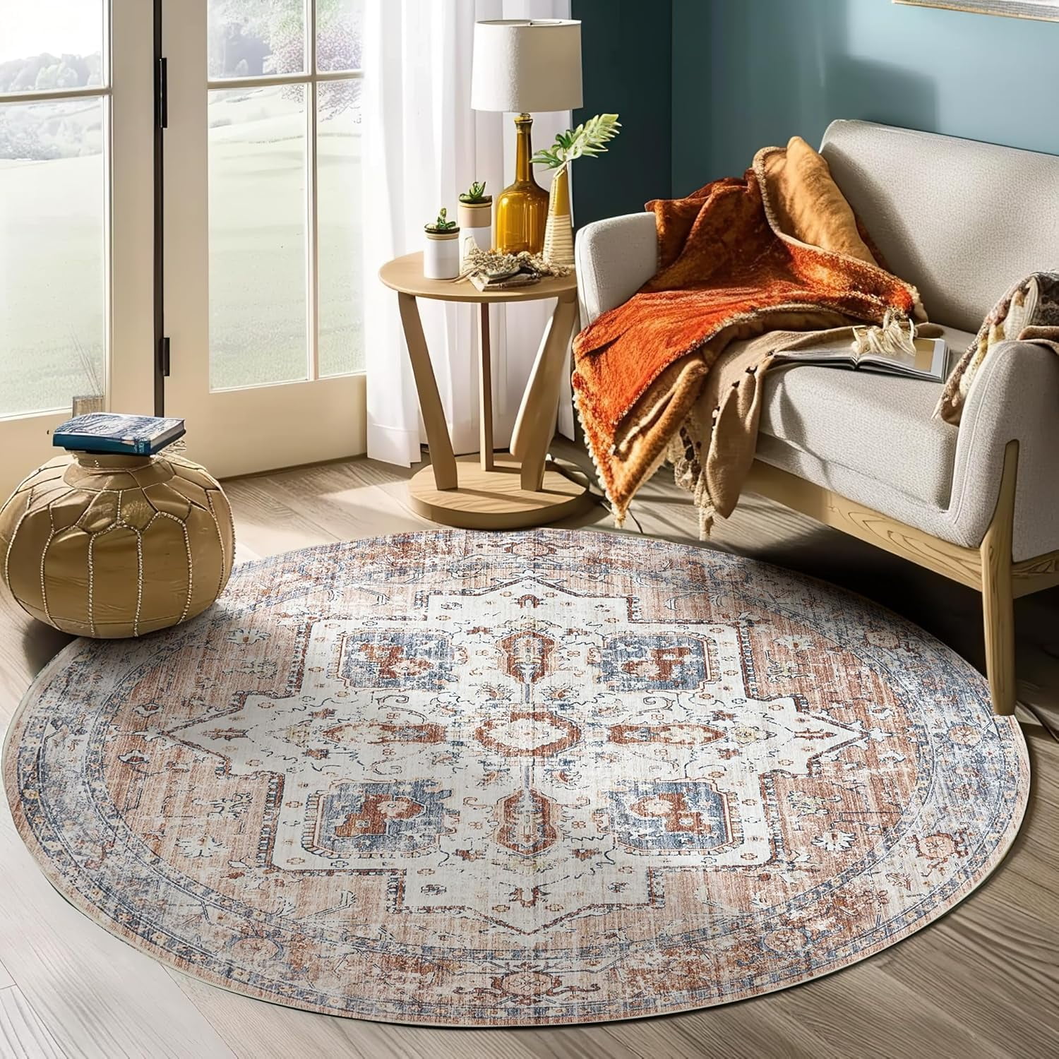 6ft Round Rug - Machine Washable Area Rug with Rubber Backing, Ultra ...