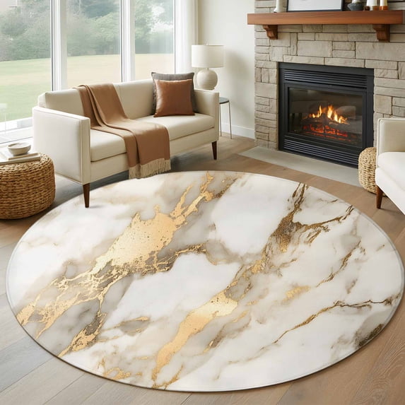 6ft Round Rug, Marble Gold Non-Skid Rubber Backing Large Area Rugs ...