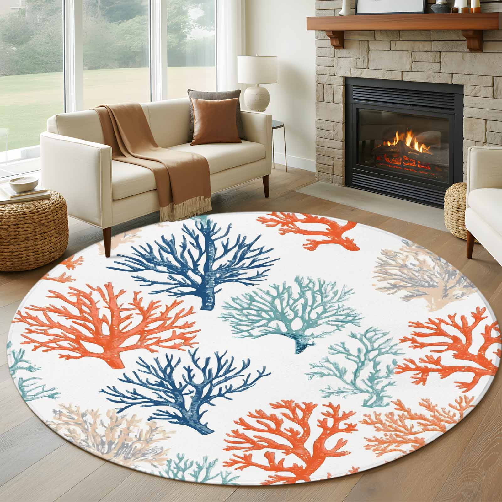 6ft Round Rug, Multicolored Coral Non-Skid Rubber Backing Large Area ...