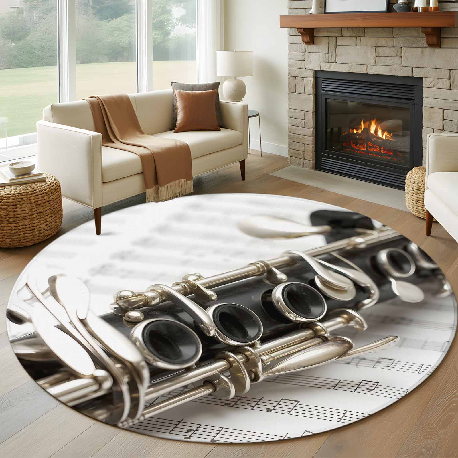 6ft Round Rug, Musical Instrument Non-Skid Rubber Backing Large Area ...
