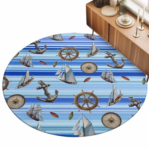 6ft Round Rug Nautical Anchor Compass Area Rugs for Living Room Bedroom ...