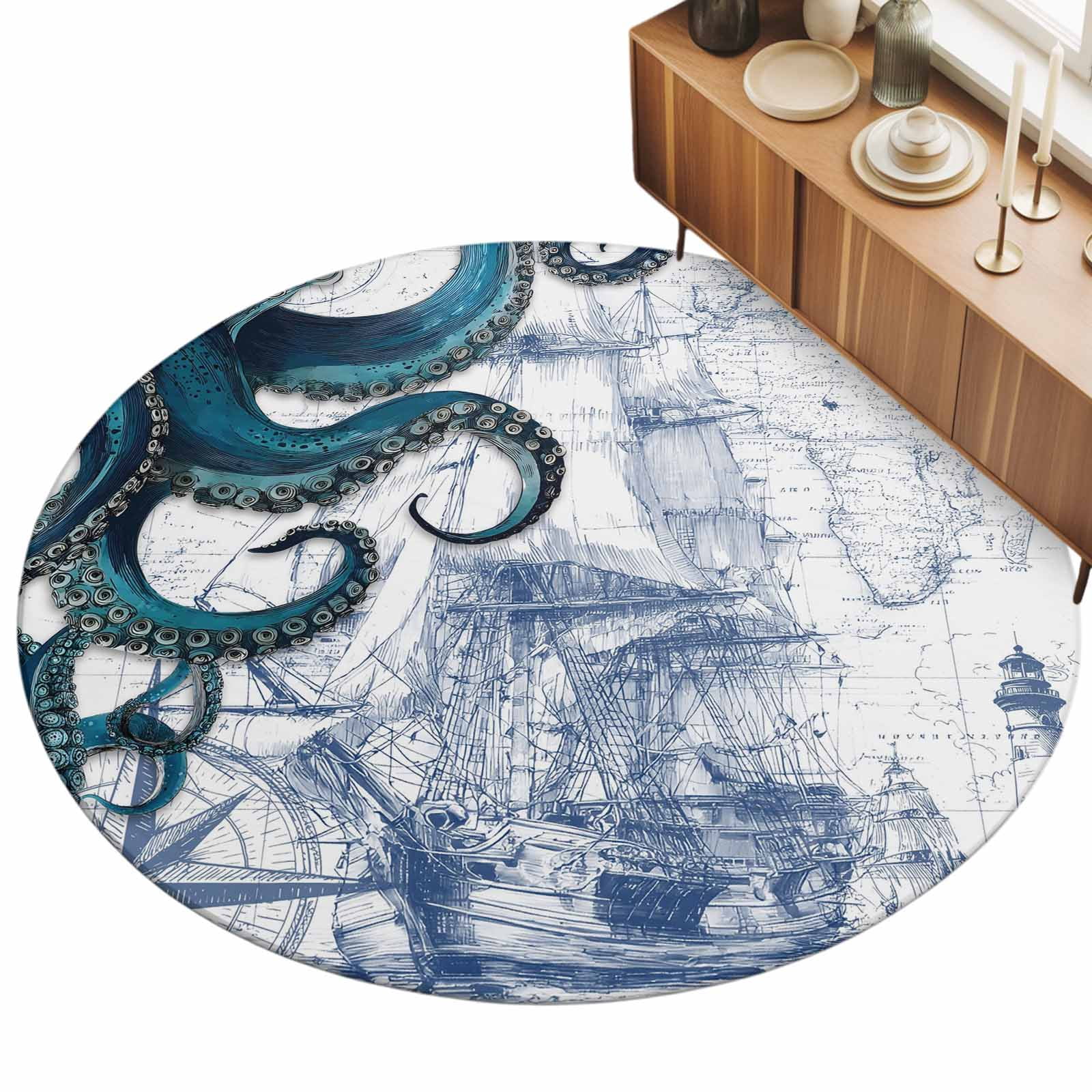 6ft Round Rug Nautical Blue Octopus Area Rugs for Living Room Bedroom ...