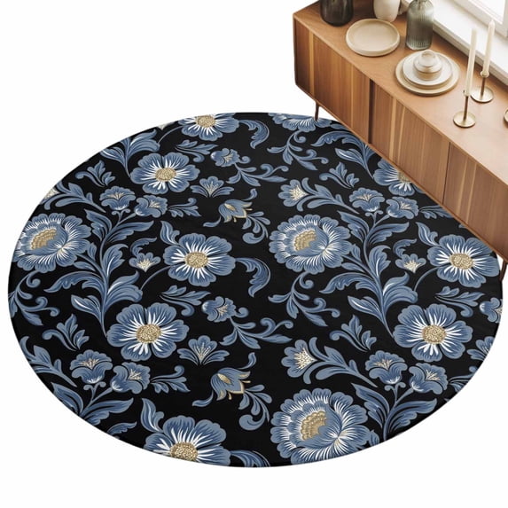 6ft Round Rug Navy Blue Flowers Area Rugs for Living Room Bedroom ...