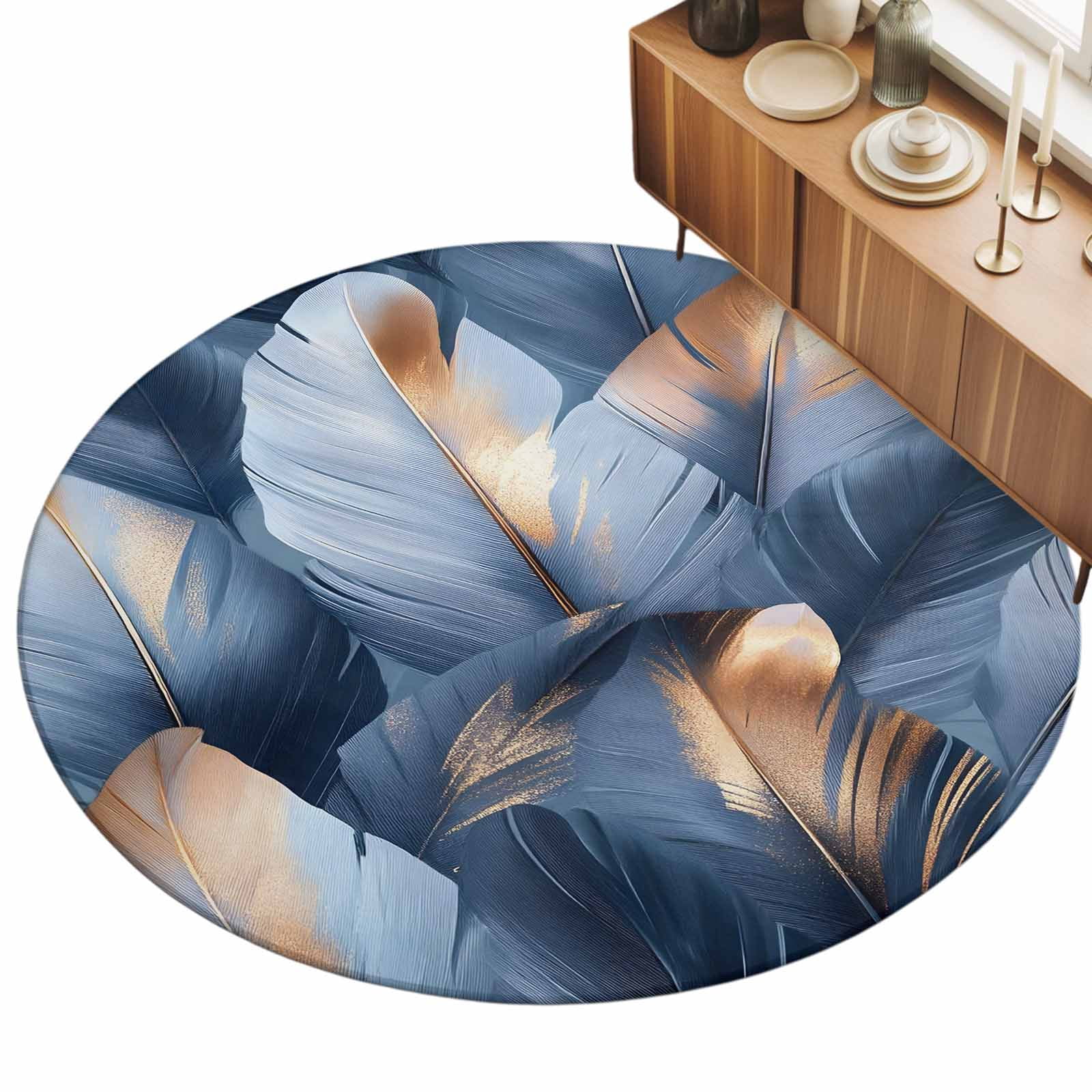 6ft Round Rug Navy Blue Ombre Feather Area Rugs for Living Room Bedroom ...