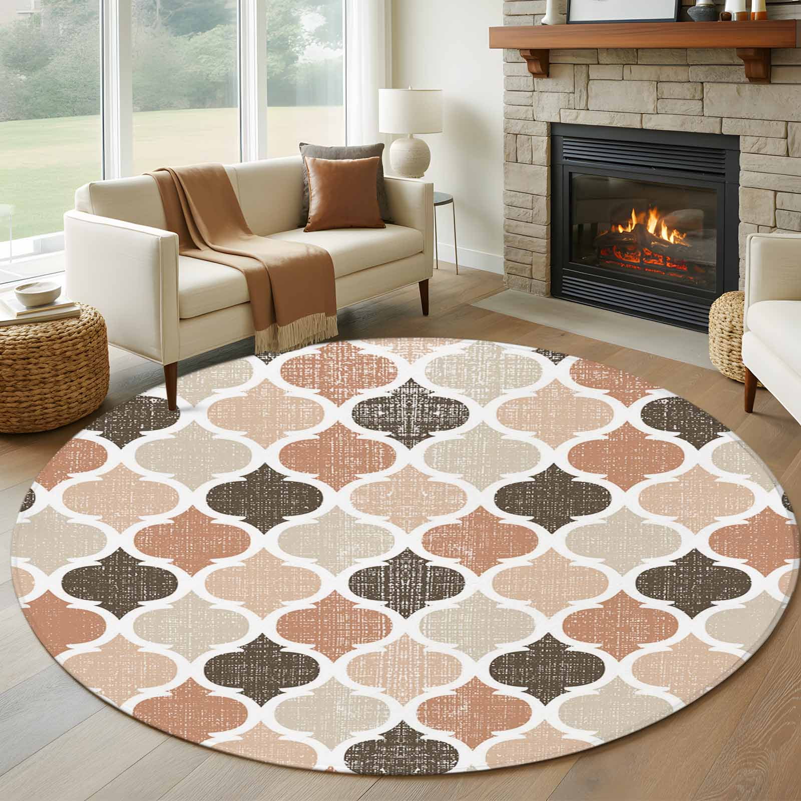 6ft Round Rug, Ombre Brown Geometric Plaid Retro Abstract Morocco ...