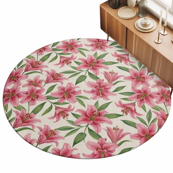 6ft Round Rug Pink Flowers Area Rugs for Living Room Bedroom Washable ...