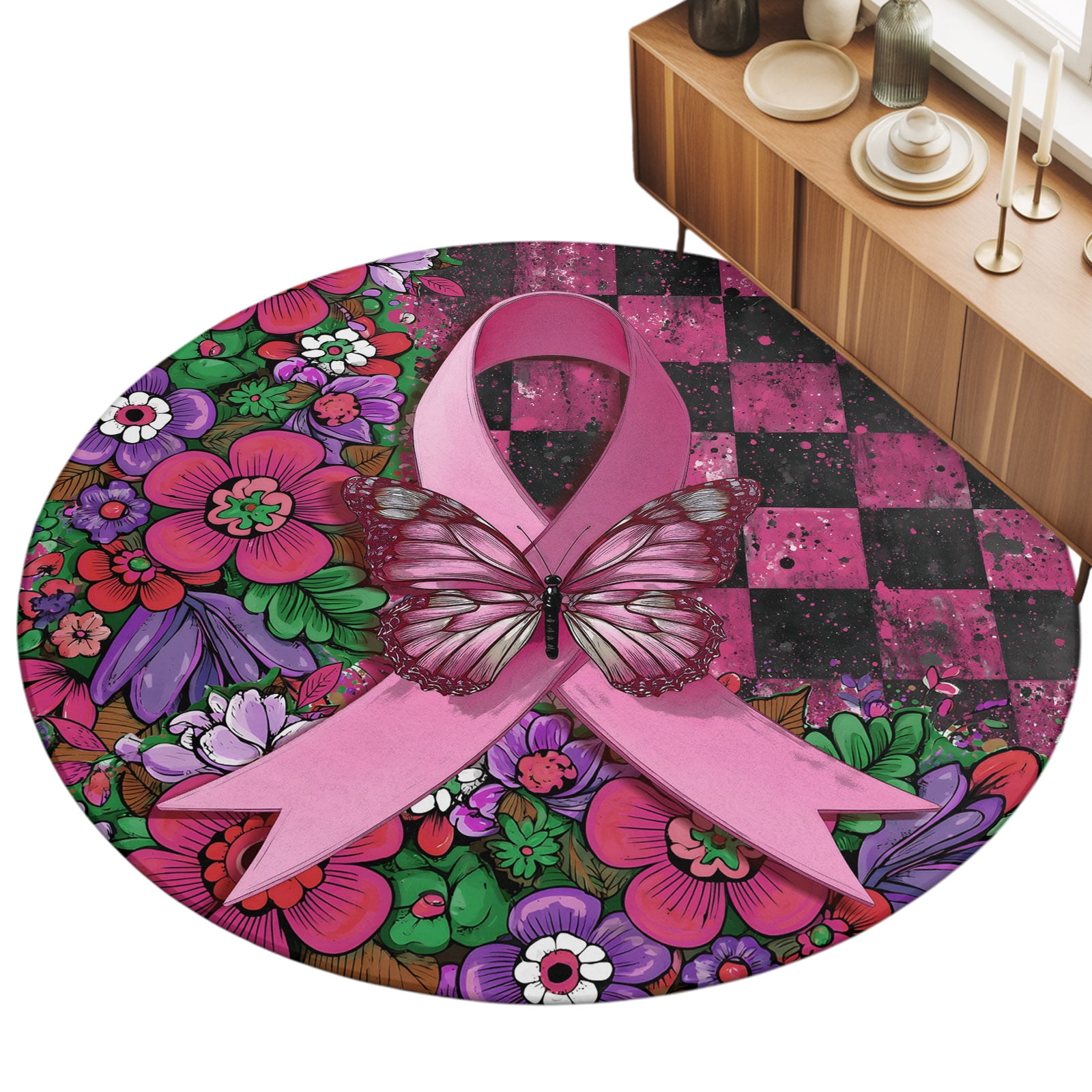 6ft Round Rug Pink Ribbons Area Rugs for Living Room Bedroom Washable ...