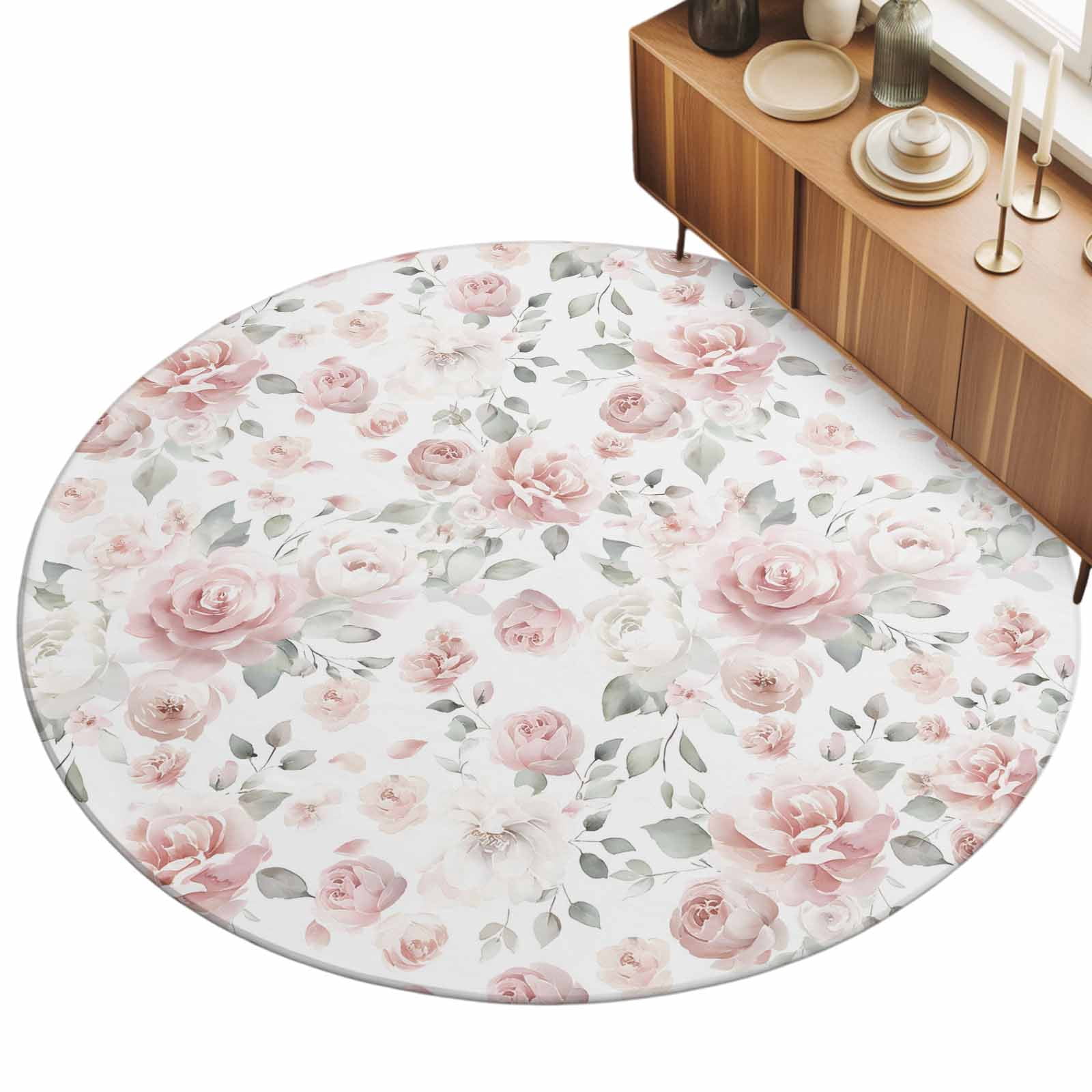 6ft Round Rug Pink Rose Area Rugs for Living Room Bedroom Washable Non ...