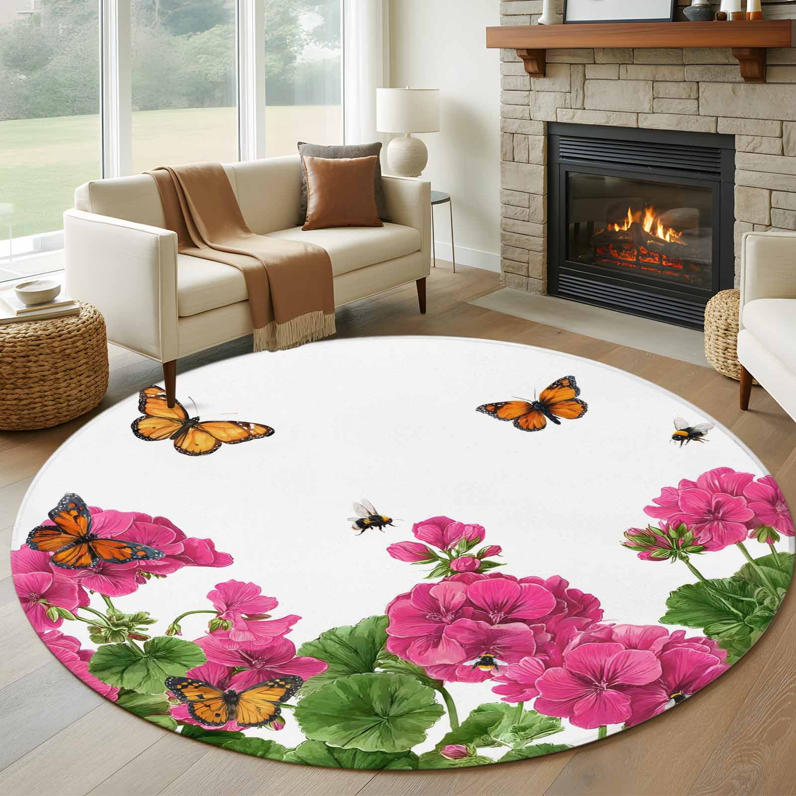 6ft Round Rug, Pink Spring Floral Non-Skid Rubber Backing Large Area ...