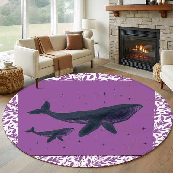 6ft Round Rug, Purple Whale Non-Skid Rubber Backing Large Area Rugs ...