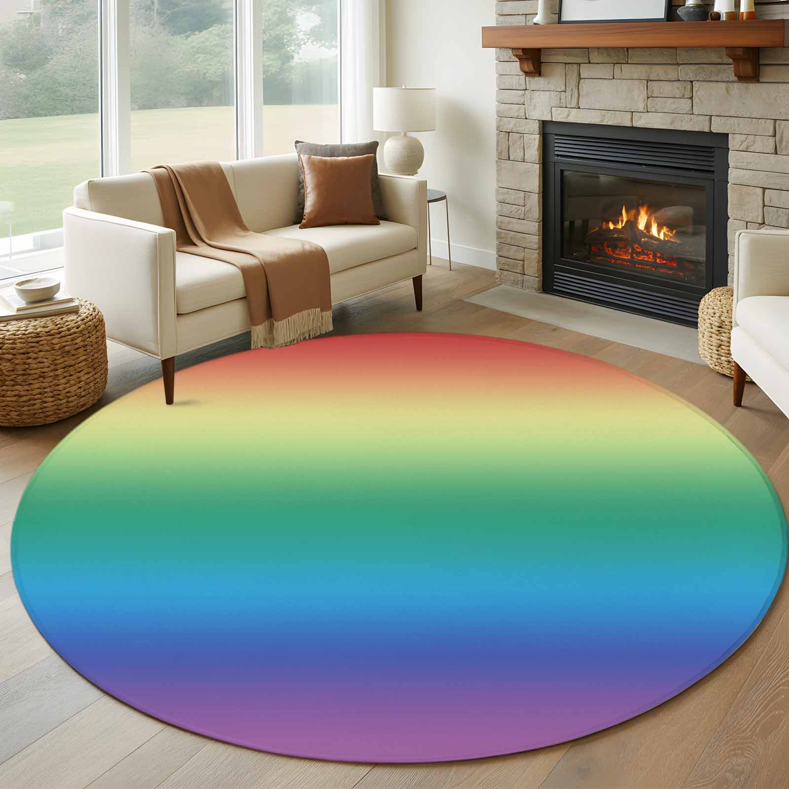 6ft Round Rug, Rainbow Colors Ombre Cream Non-Skid Rubber Backing Large ...