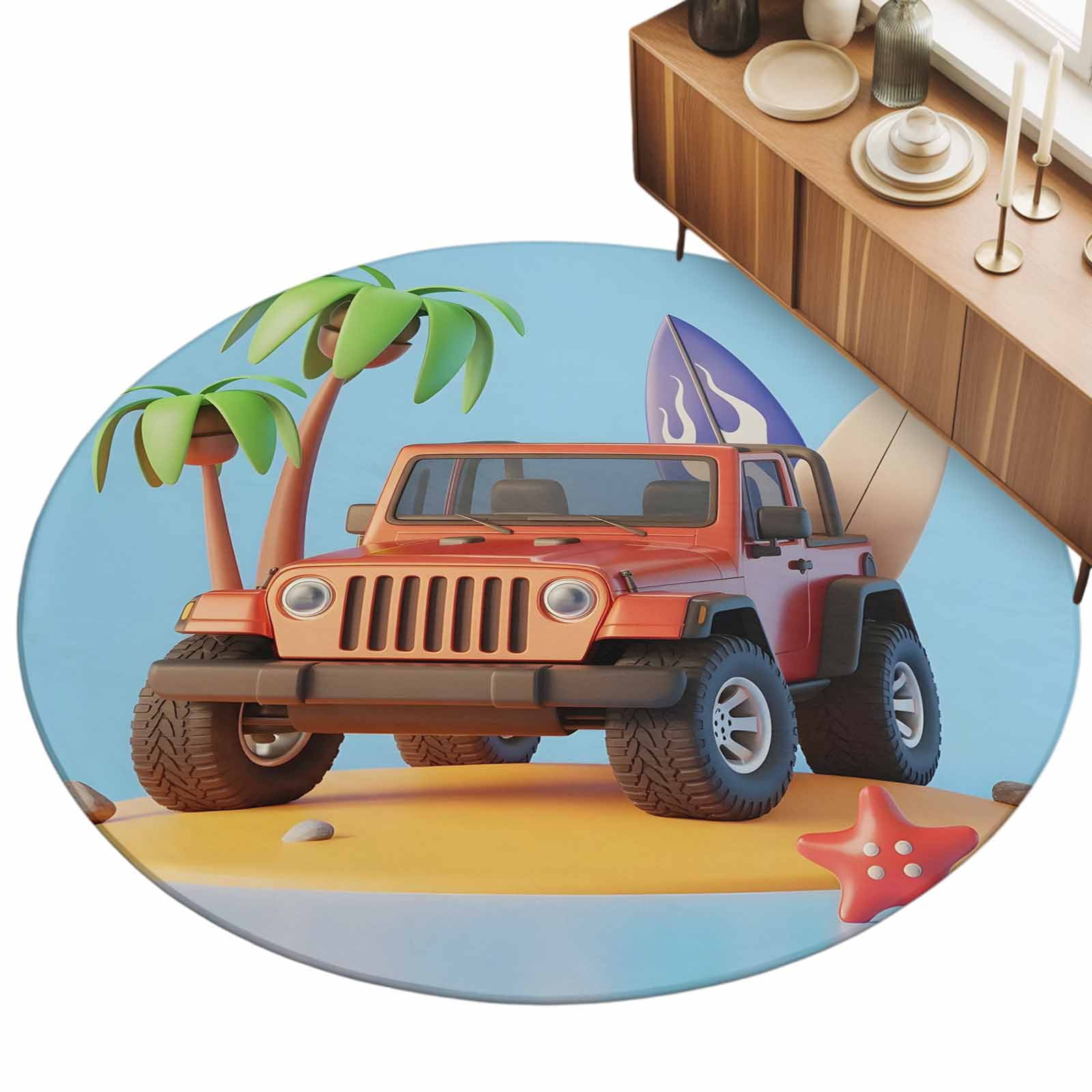 6ft Round Rug Red Car Area Rugs for Living Room Bedroom Washable Non ...