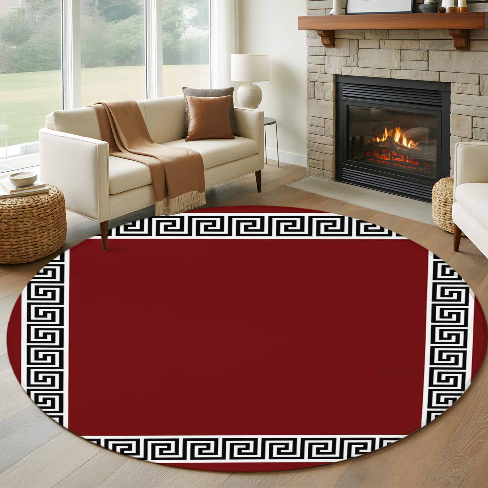 6ft Round Rug, Red Non-Skid Rubber Backing Large Area Rugs - Living ...