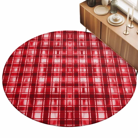 6ft Round Rug Red Plaid Area Rugs for Living Room Bedroom Washable Non ...