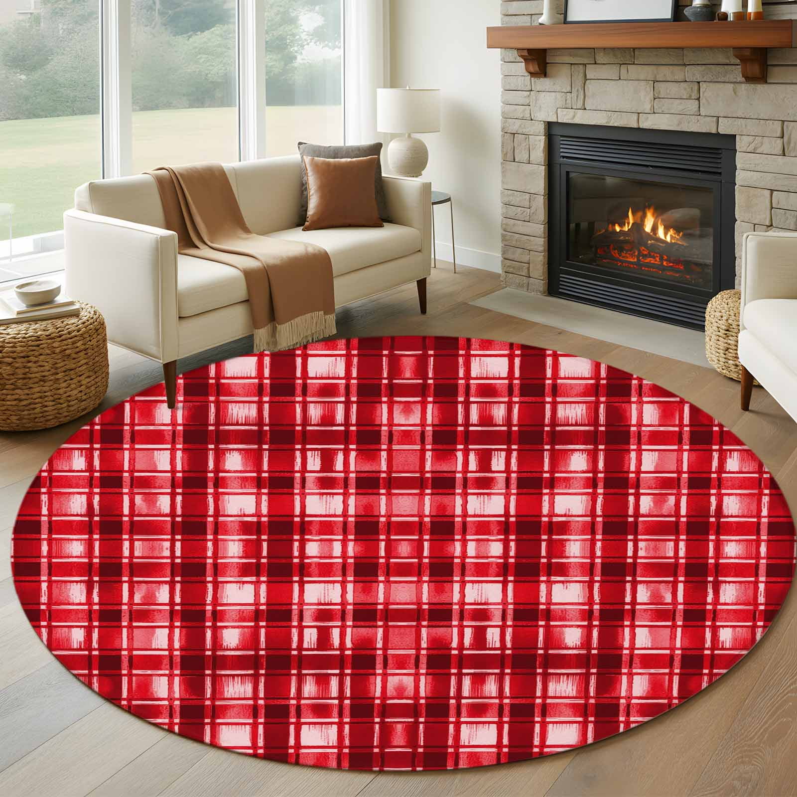 6ft Round Rug, Red Plaid Non-Skid Rubber Backing Large Area Rugs ...