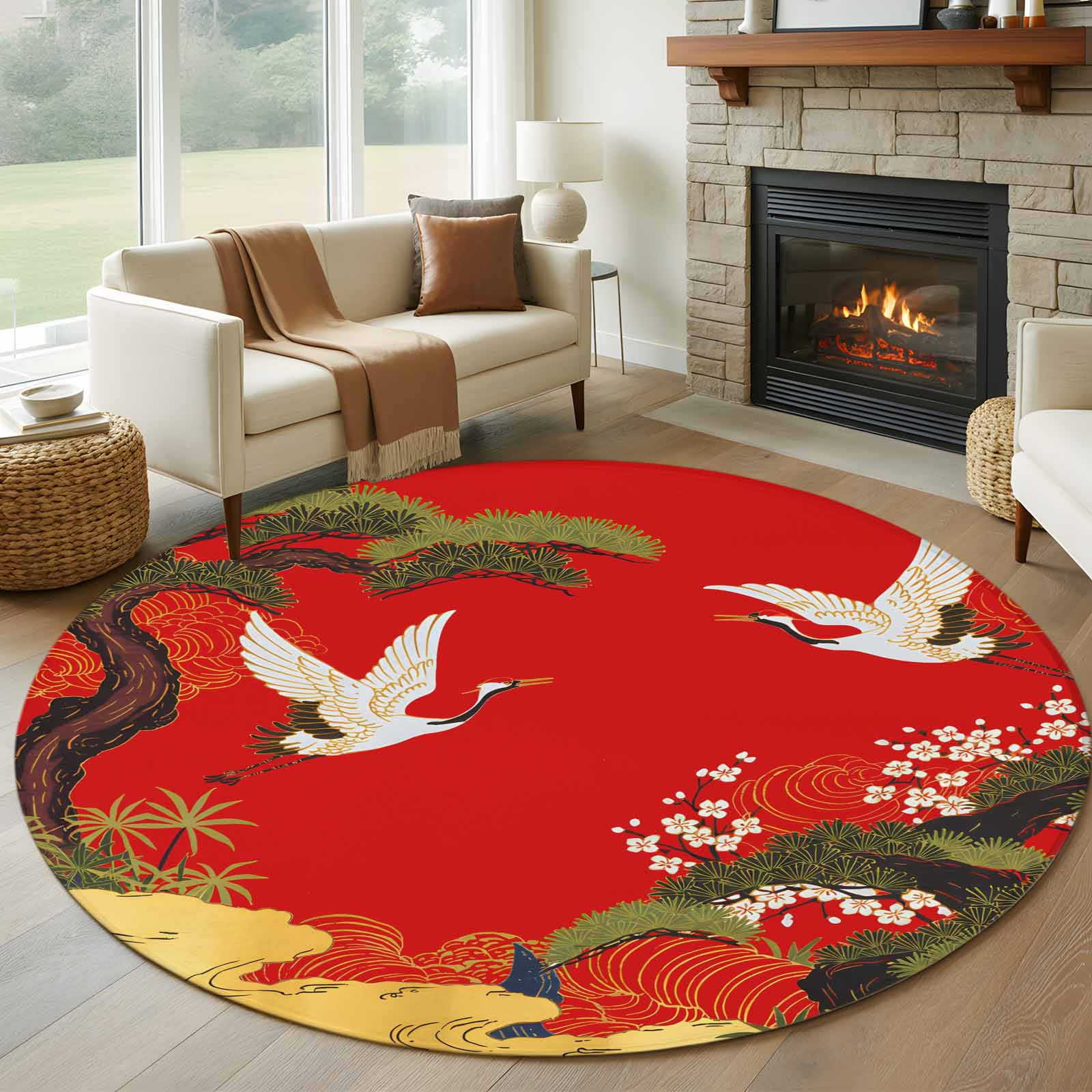 6ft Round Rug, Red Traditional Non-Skid Rubber Backing Large Area Rugs ...