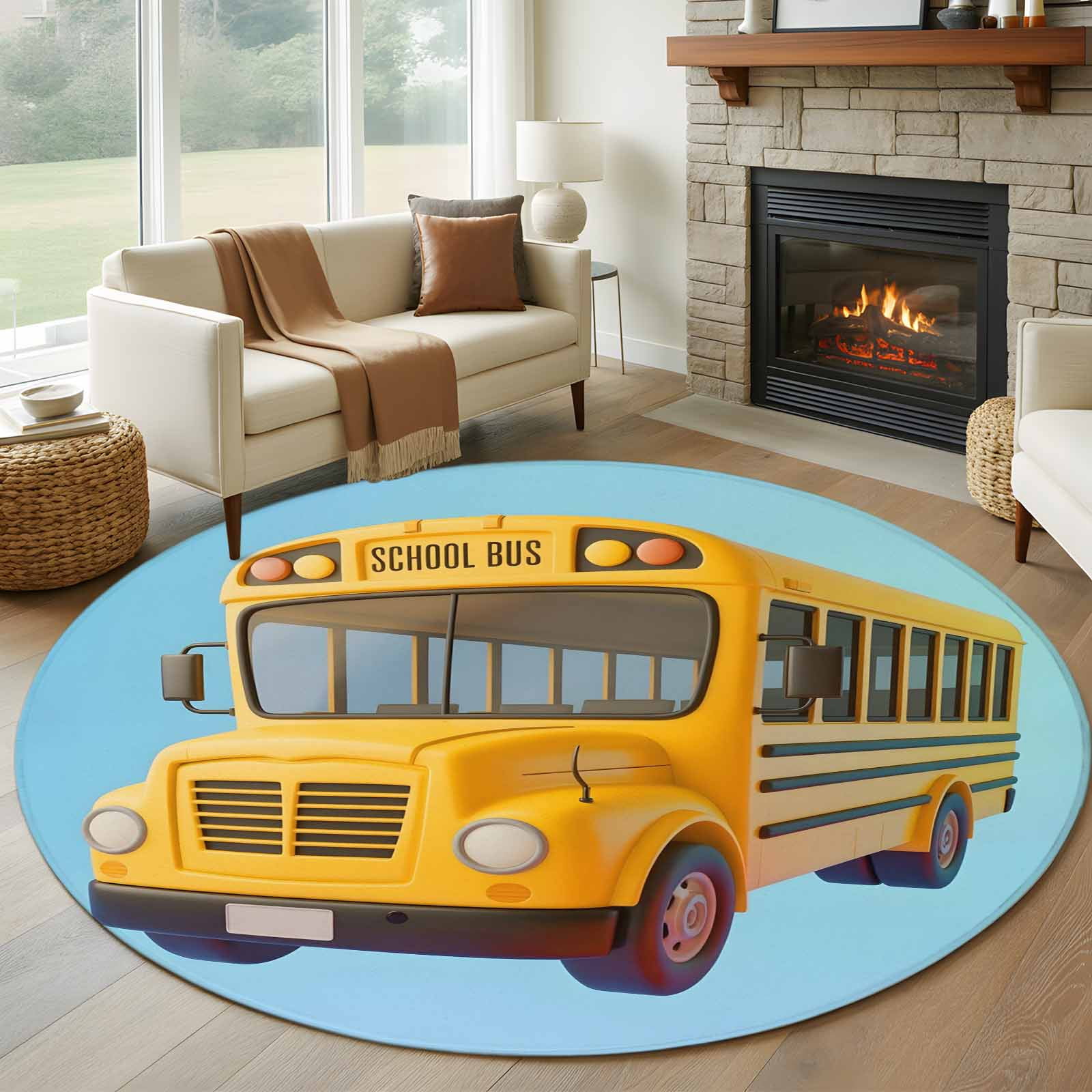 6ft Round Rug, School Bus Non-Skid Rubber Backing Large Area Rugs ...