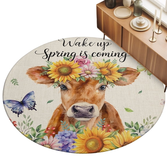 6ft Round Rug Spring Cow Area Rugs for Living Room Bedroom Washable Non ...
