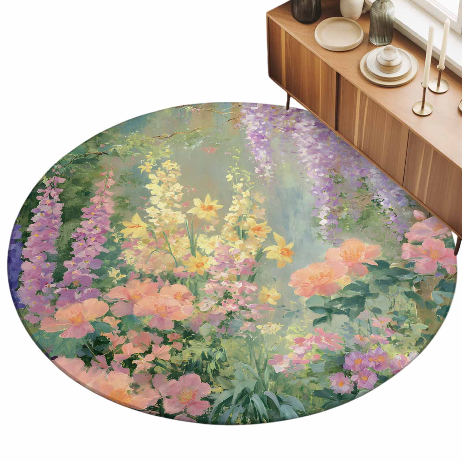 6ft Round Rug Spring Floral Area Rugs for Living Room Bedroom Washable ...