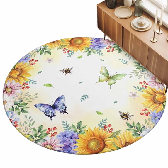 6ft Round Rug Spring Floral Area Rugs for Living Room Bedroom Washable ...