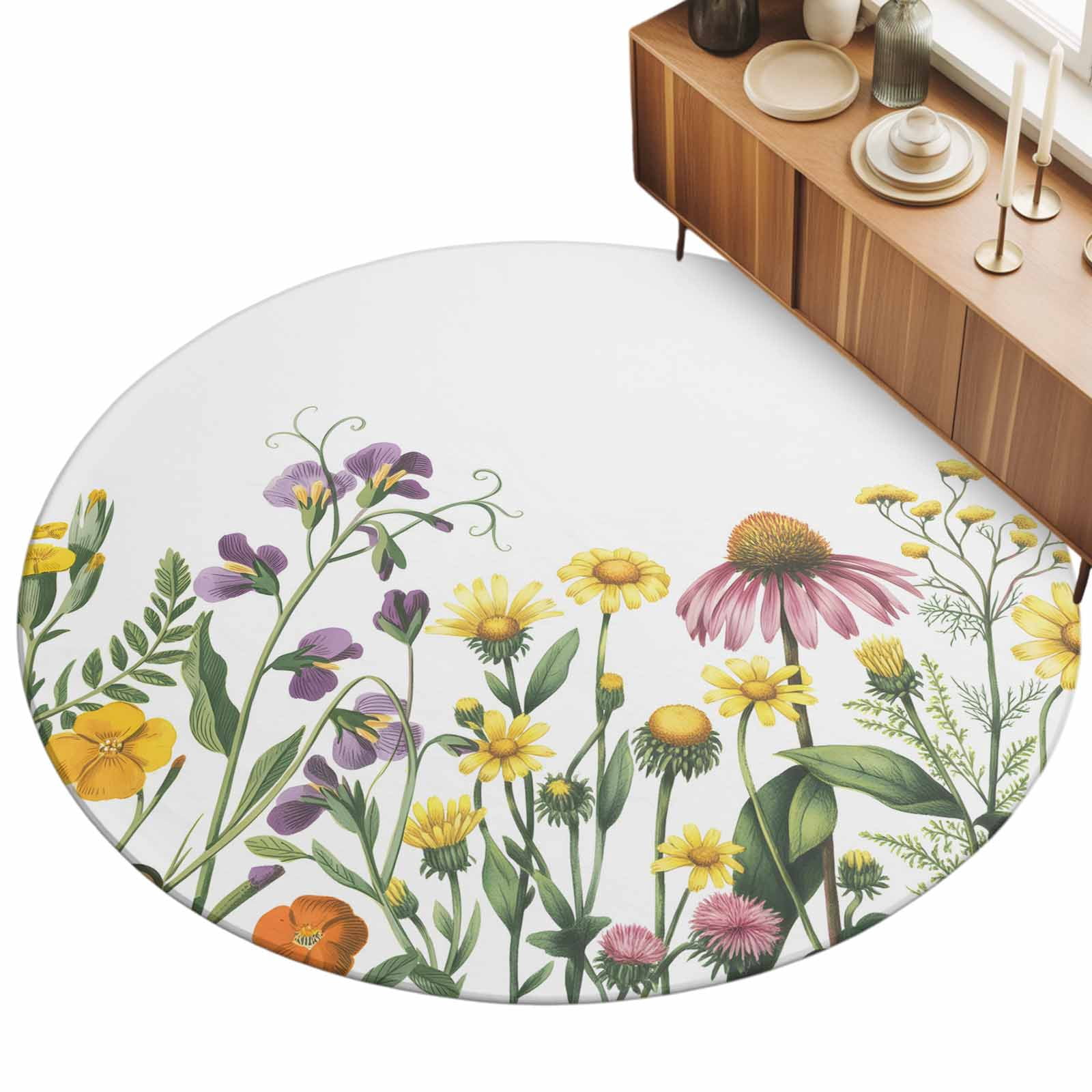 6ft Round Rug Spring Floral Area Rugs for Living Room Bedroom Washable ...