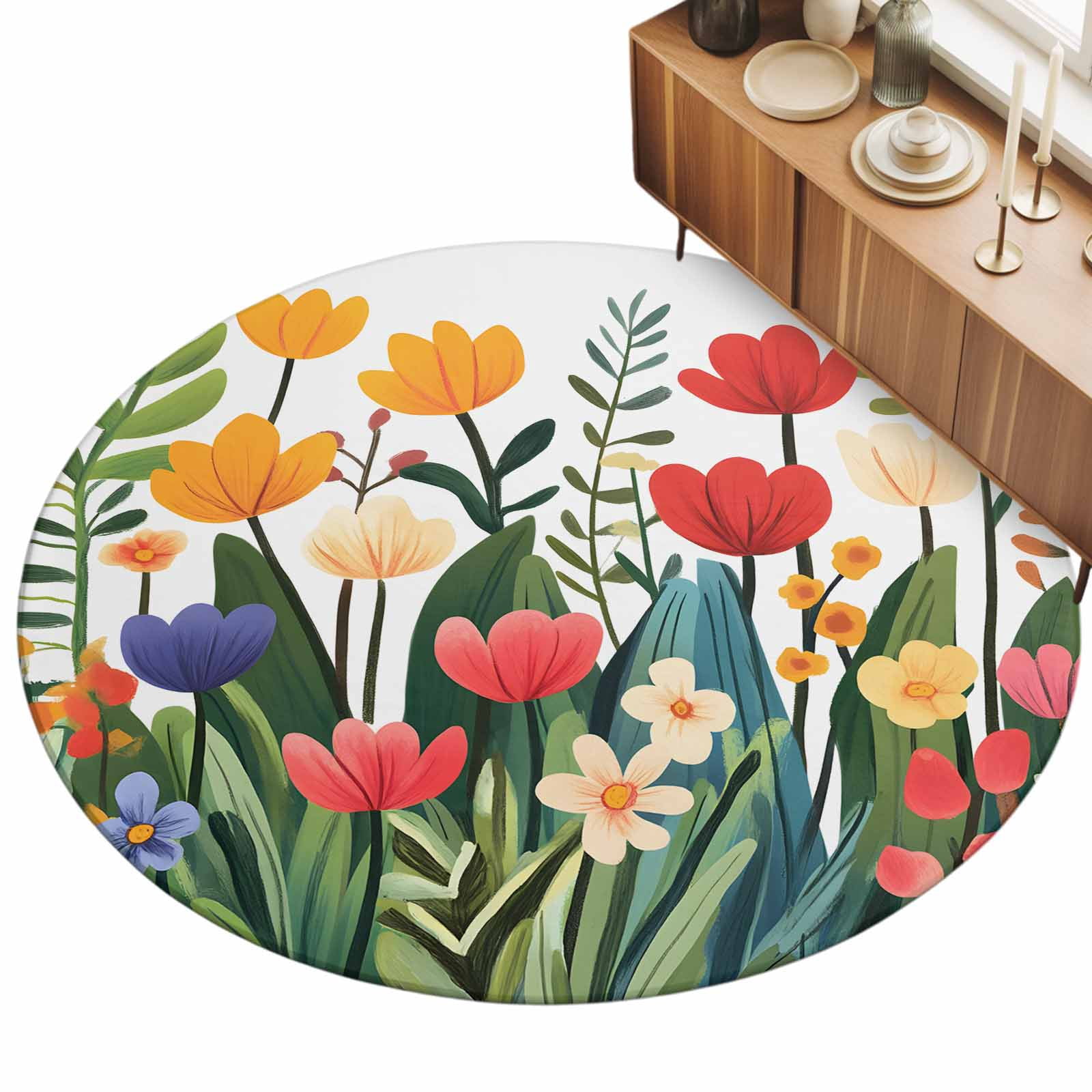 6ft Round Rug Spring Floral Area Rugs for Living Room Bedroom Washable ...
