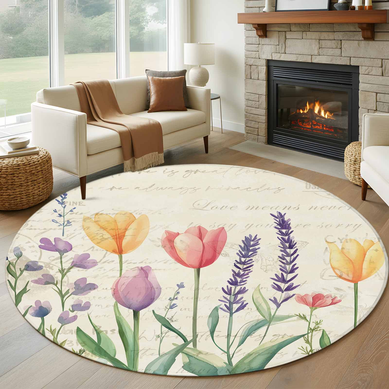 6ft Round Rug, Spring Floral Non-Skid Rubber Backing Large Area Rugs ...