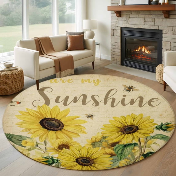 6ft Round Rug, Sunflowers Non-Skid Rubber Backing Large Area Rugs ...