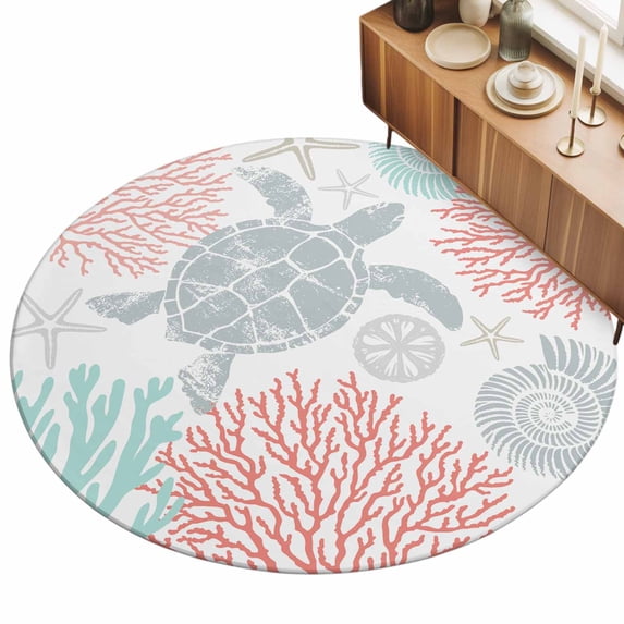 6ft Round Rug Teal Red Coastal Turtle Area Rugs for Living Room Bedroom ...