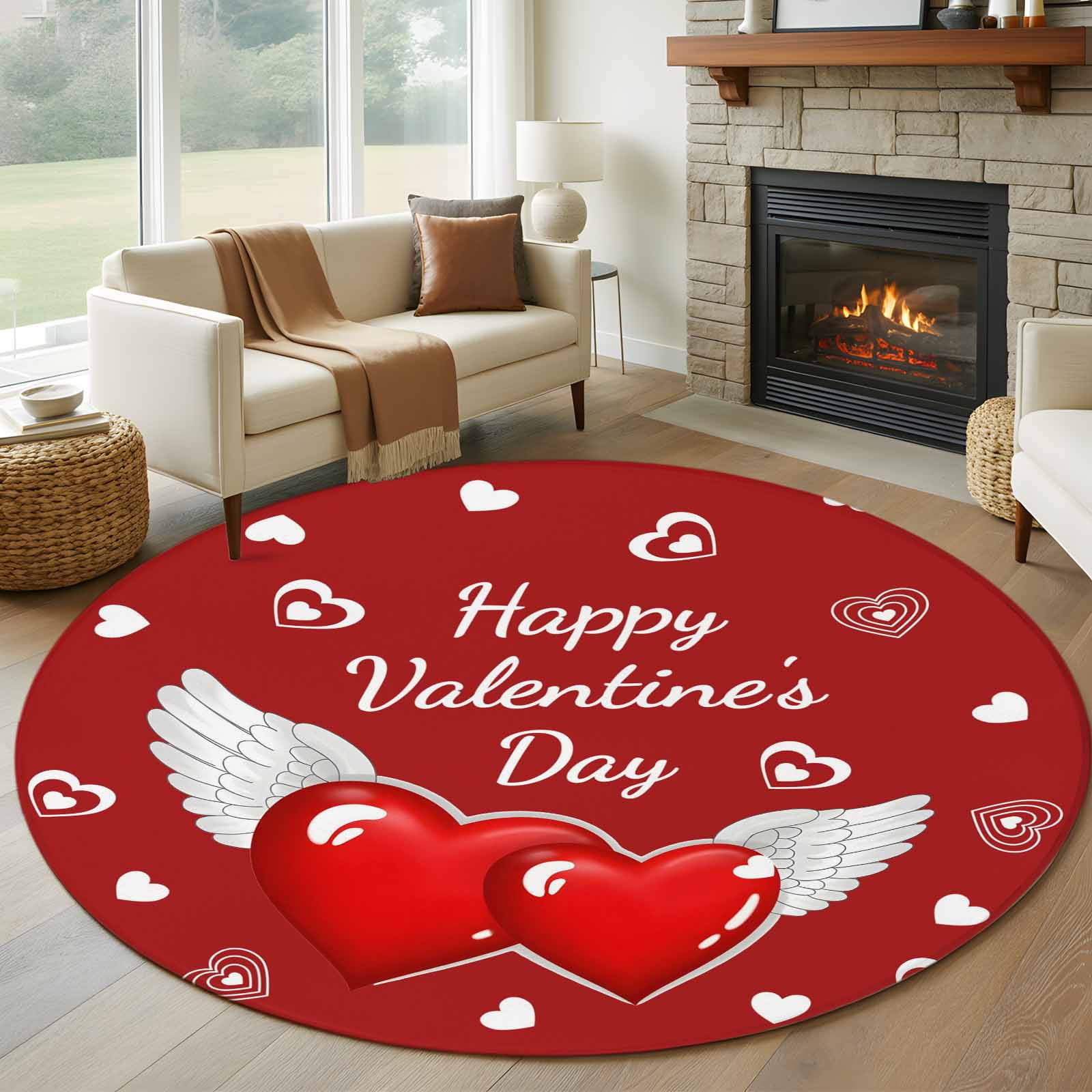 6ft Round Rug, Valentine's Day Non-Skid Rubber Backing Large Area Rugs ...