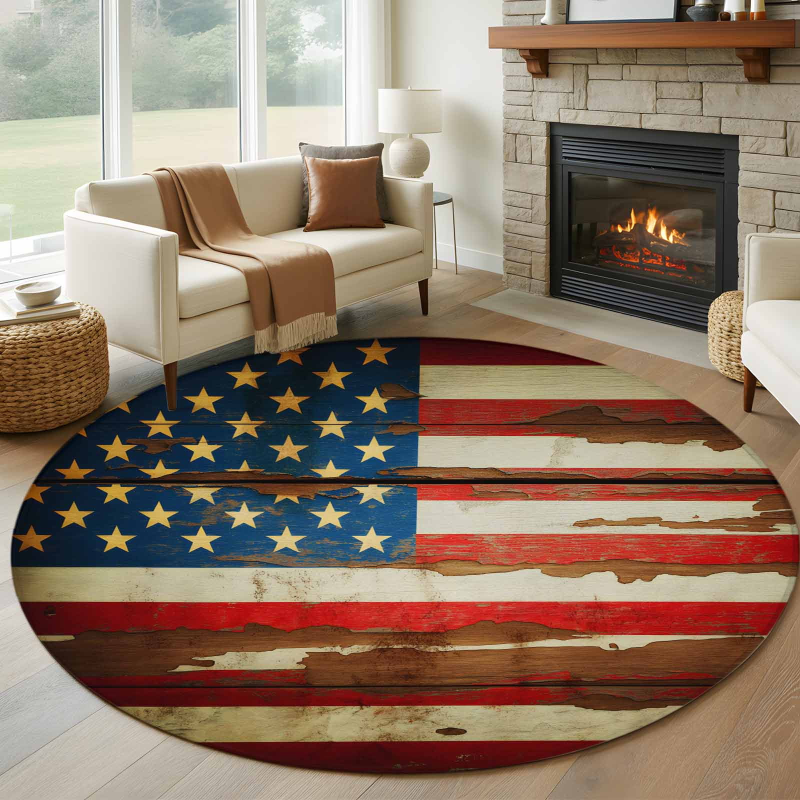 6ft Round Rug, Vintage American Flag Non-Skid Rubber Backing Large Area ...
