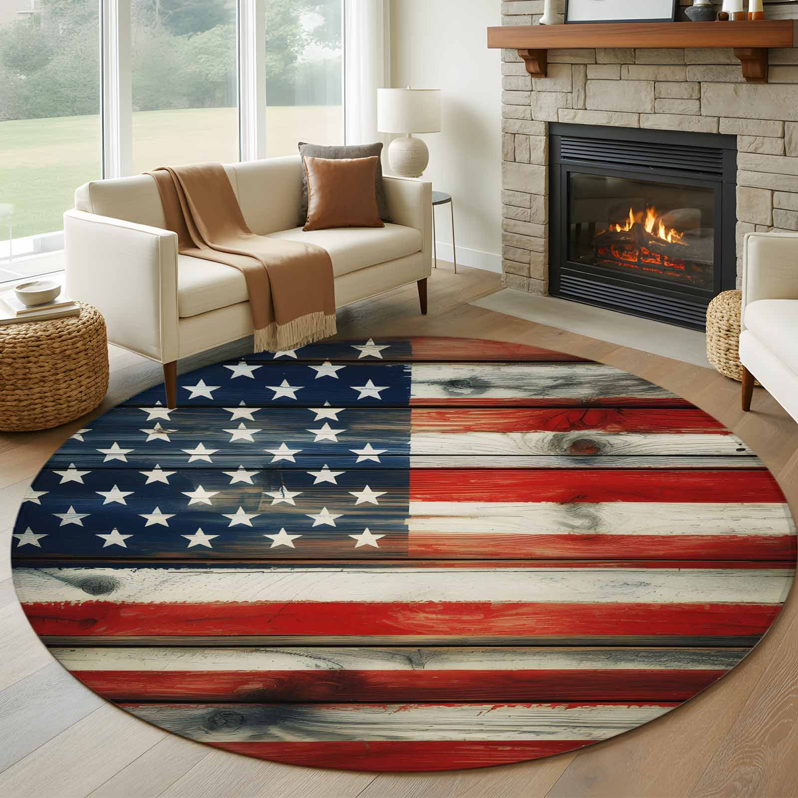 6ft Round Rug, Vintage American Flag Non-Skid Rubber Backing Large Area ...